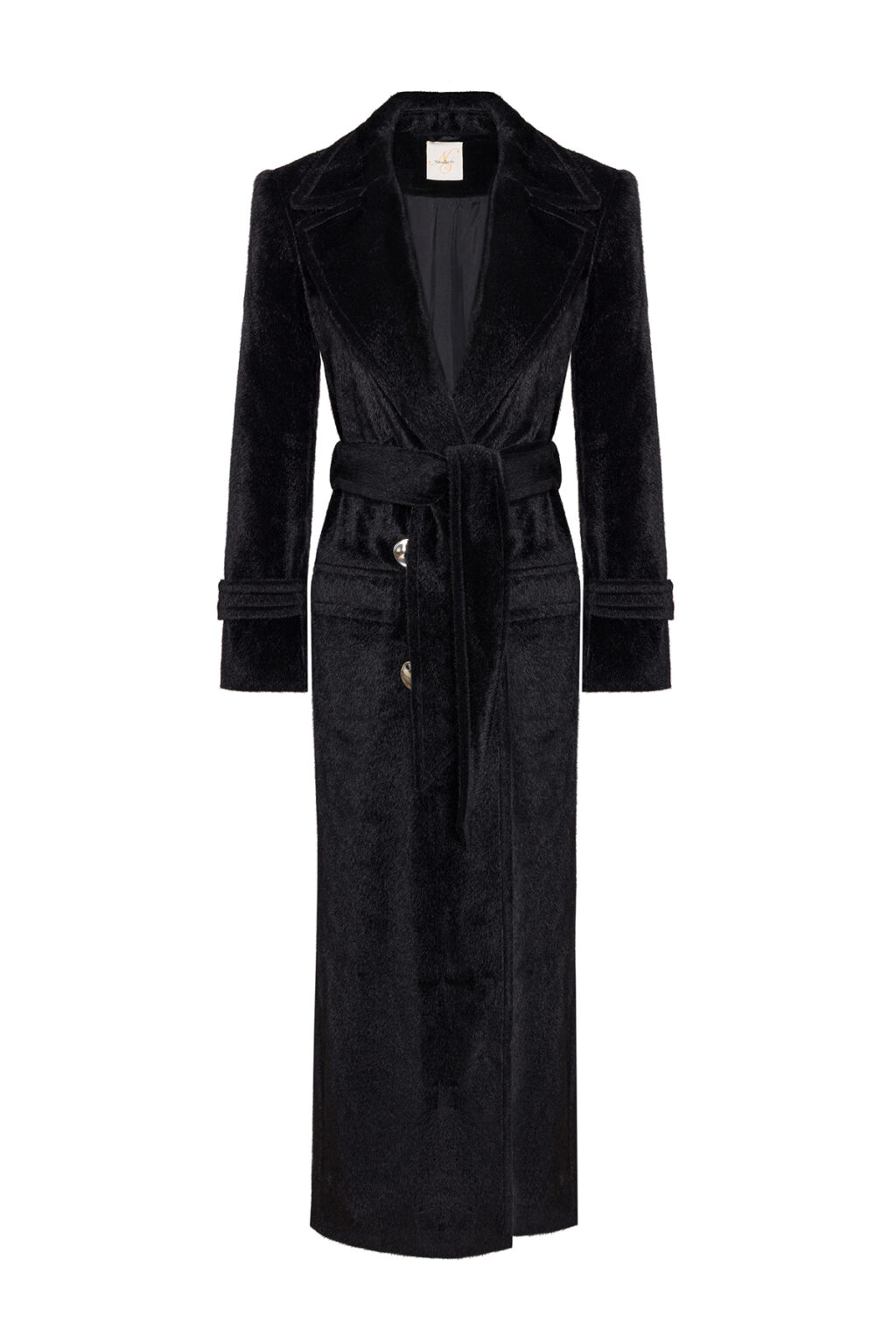 Astor Allure – Black Velvet Belted Coat with Tailored Lapels