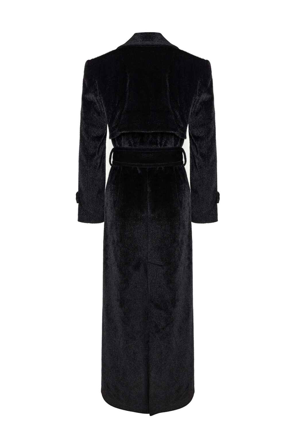 Astor Allure – Black Velvet Belted Coat with Tailored Lapels