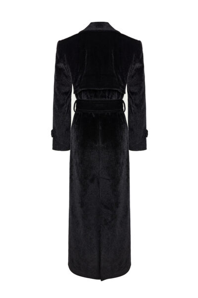 Astor Allure – Black Velvet Belted Coat with Tailored Lapels