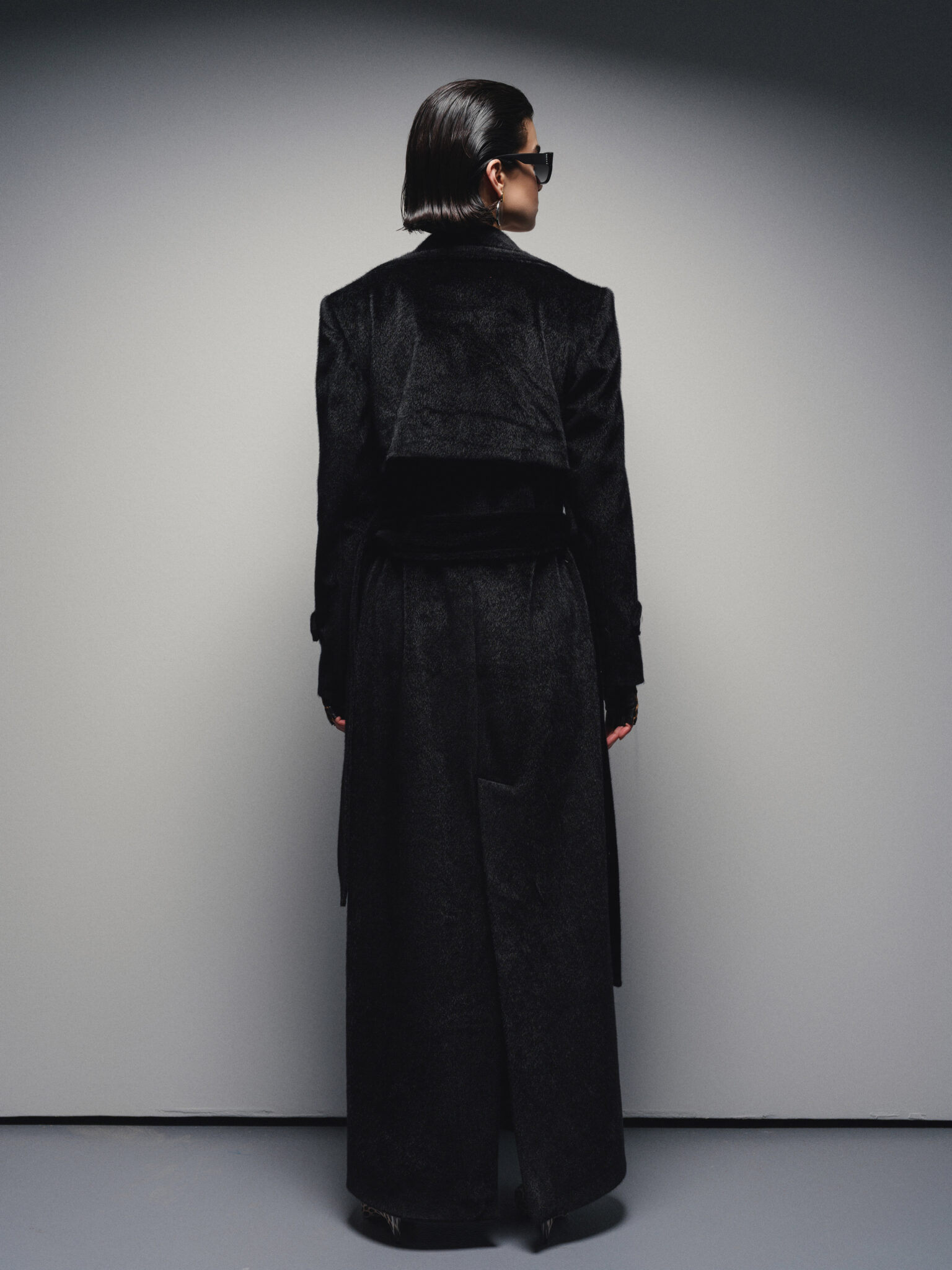 Astor Allure – Black Velvet Belted Coat with Tailored Lapels