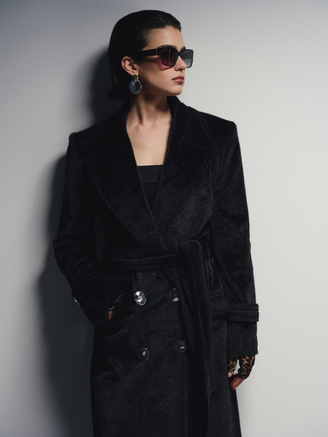 Astor Allure – Black Velvet Belted Coat with Tailored Lapels